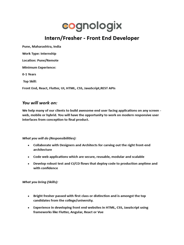 Front End Developer Internship in Pune | PDF | Computer Programming ...