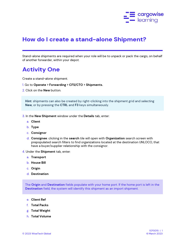 How Do I Create A Stand-Alone Shipment?: Operate Forwarding CFS/CTO ...