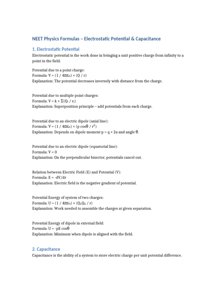 NEET Physics Formulas Electrostatics Capacitance | PDF