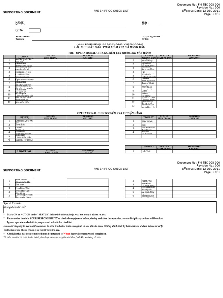 FM Tec 008 000 Pre Shift QC Check List | PDF