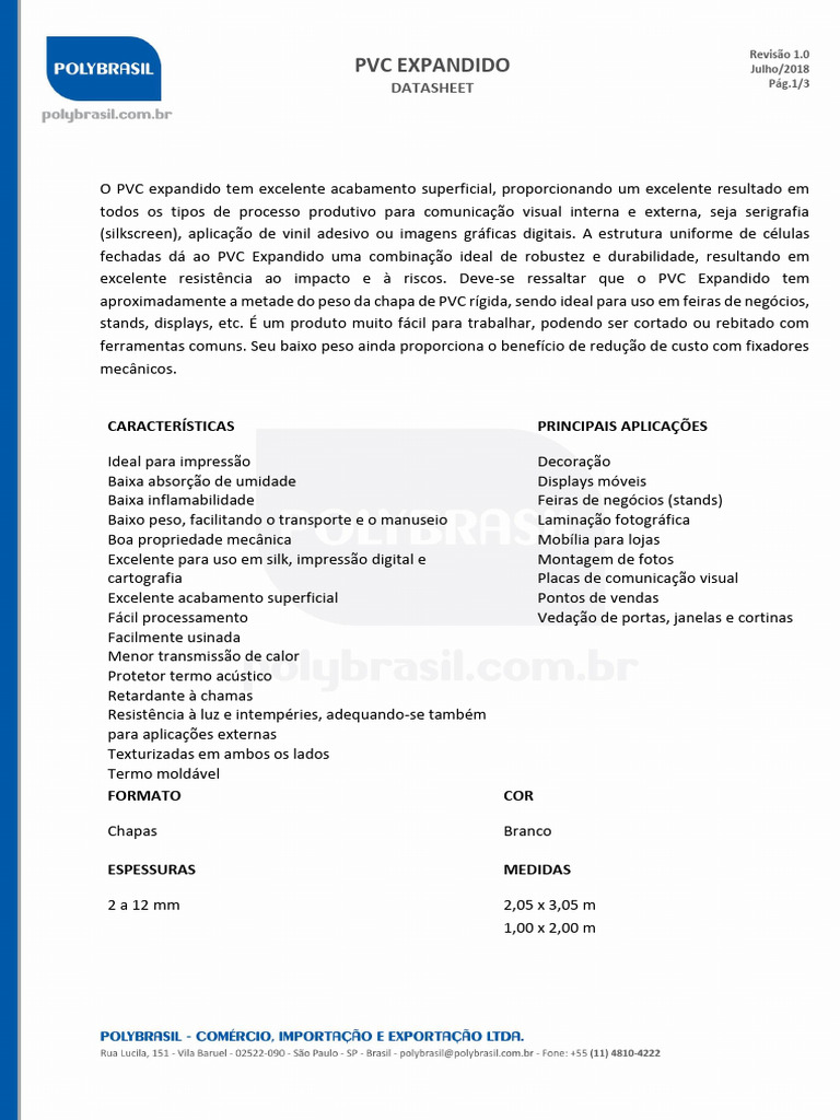 Datasheet PVC Expandido: Características e Aplicações | PDF | Cloreto ...