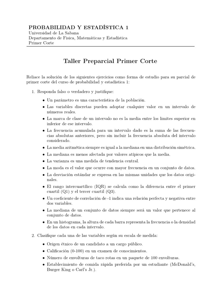 Taller Preparcial Primer Corte Pye1 2024 | PDF | Media | Estadísticas descriptivas