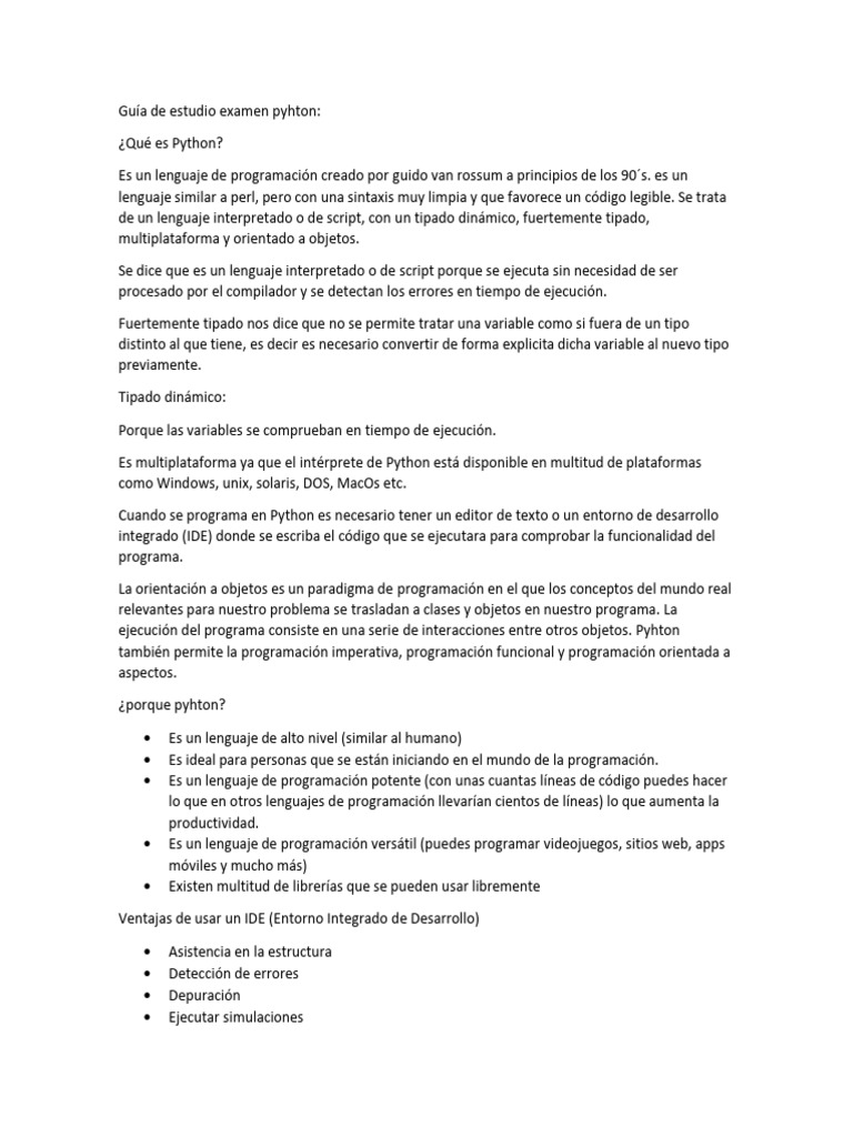 Guía de Estudio Examen Pyhton | PDF | Objeto (informática) | Python (lenguaje de programación)