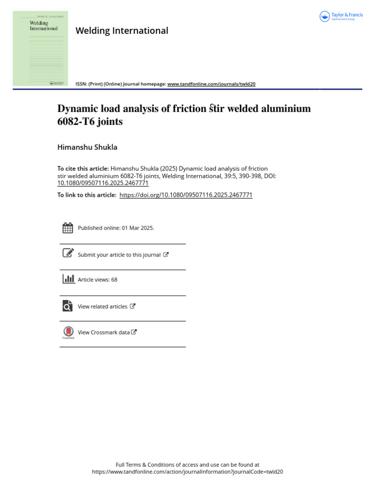 Dynamic Load Analysis of Friction Stir Welded Aluminium 6082-T6 Joints ...