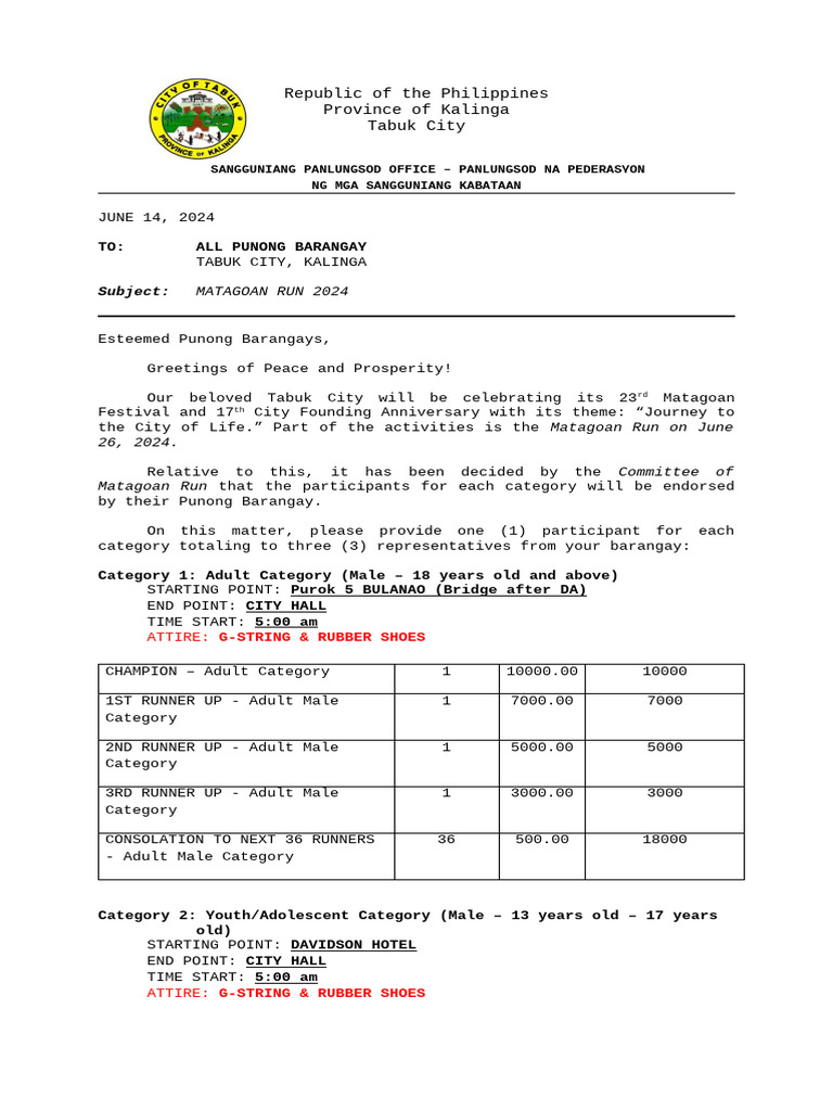 Letter To BRGY CAPTAINS Matagoan Run | PDF | Youth