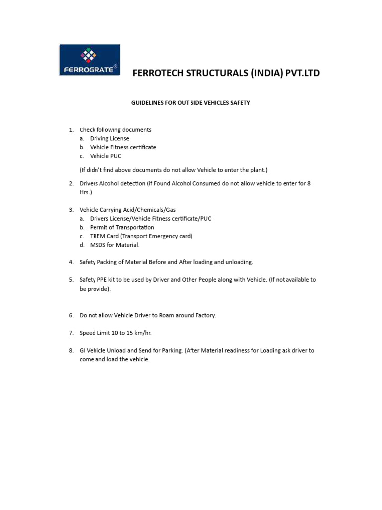 Vehicle Safety Guidelines for Entry | PDF