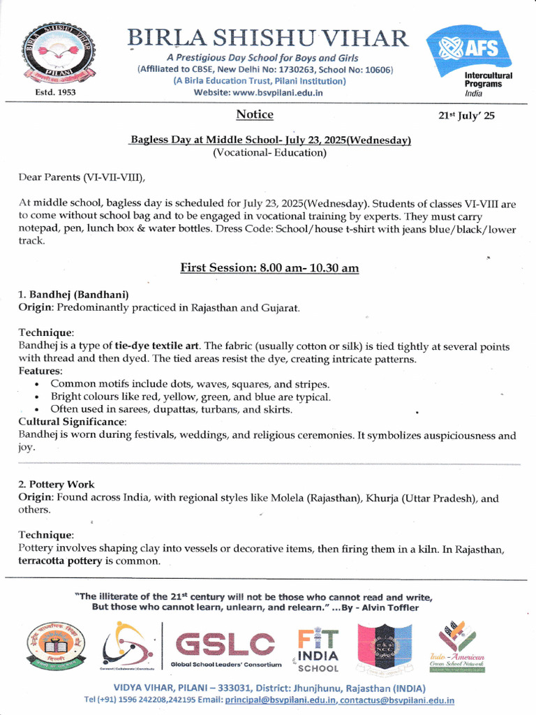 Notice - Bagless Day at Middle School - July 23, 2025 (Wednesday) | PDF ...