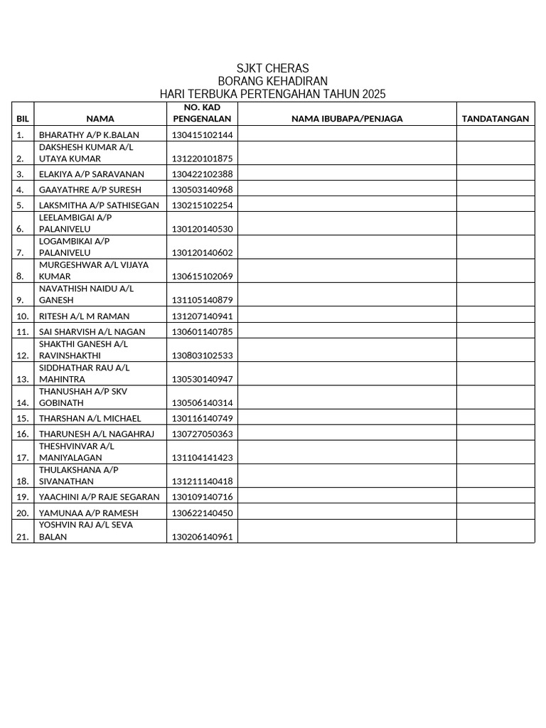 SJKT Cheras Attendance Form 2025 | PDF