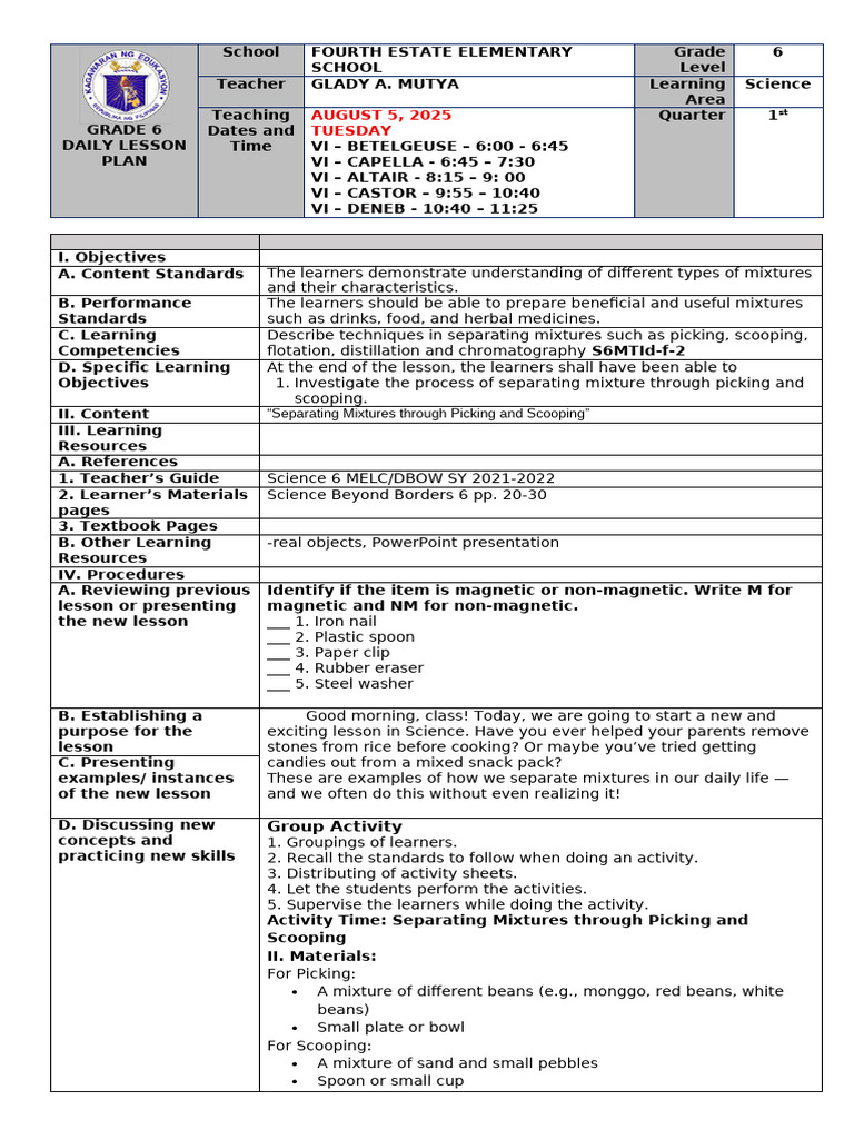 Q1-Sci-Dlp-W1d18-Picking and Scooping | PDF | Mixture