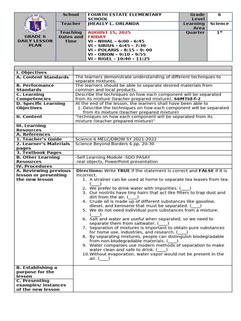 Q1-SCI-DLP - Mixture Will Be Separated From Its | PDF | Water