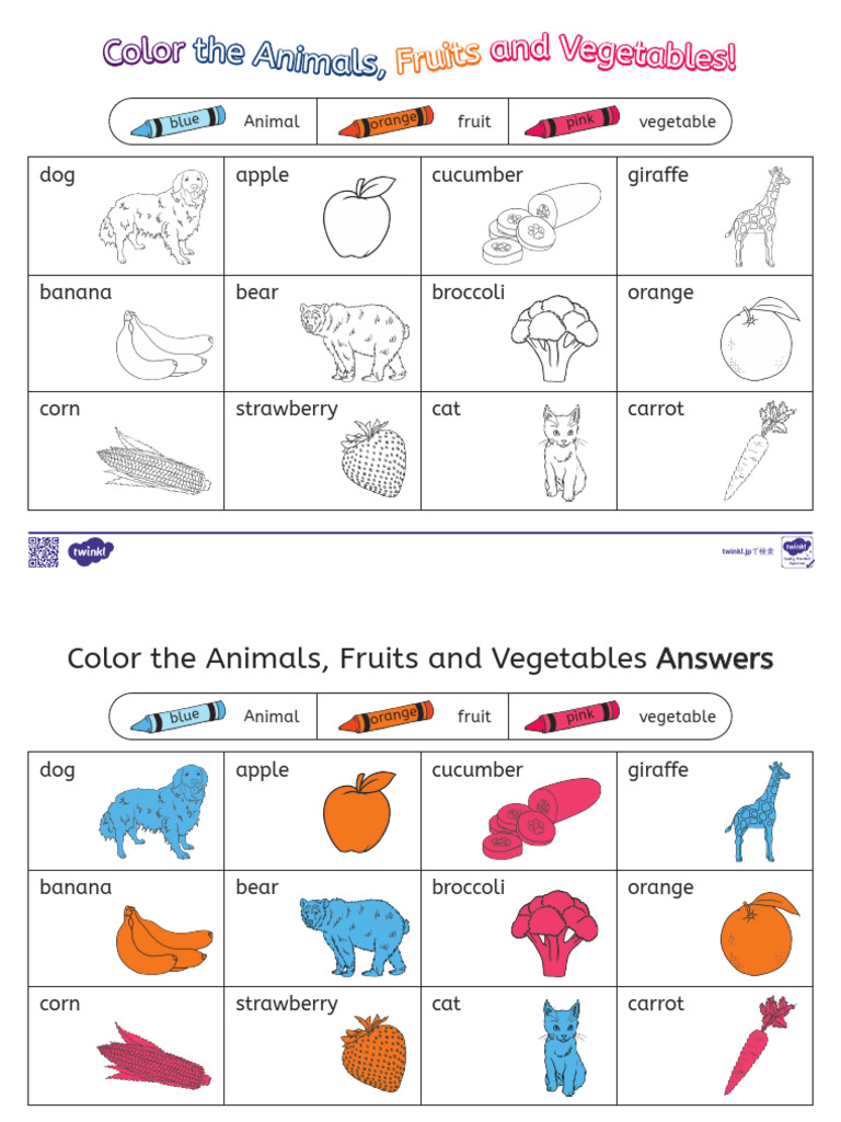 JP A 1725410758 Color The Animal Fruit Vegetable English Activity For ...