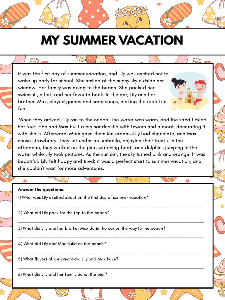 My Summer Vacation Reading Comprehension Worksheet in Illustrative ...