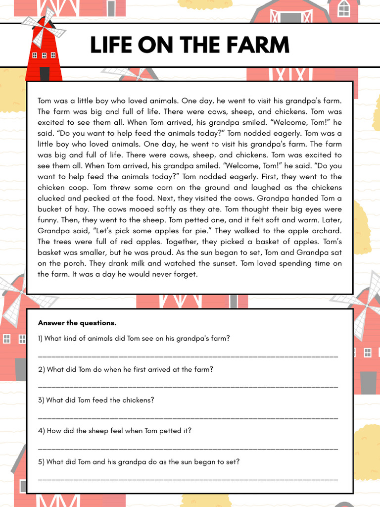 Life On The Farm Reading Comprehension Worksheet in Illustrative Style ...