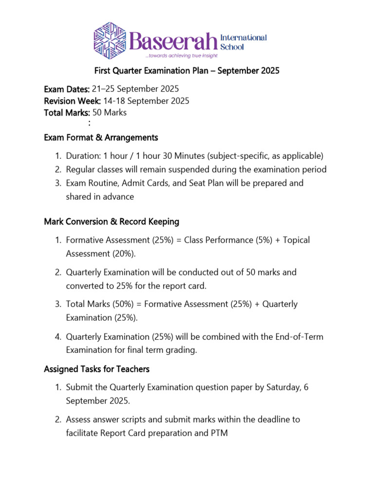 First Quarter Exam Schedule 2025 | PDF