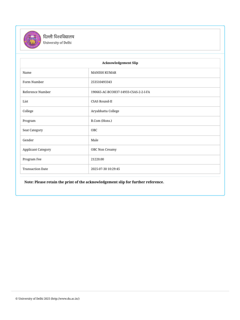 Acknowledgement Slip for B.Com Admission | PDF