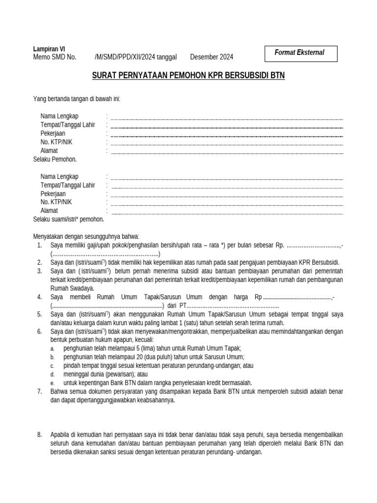 Surat Pernyataan Pemohon KPR Bersubsidi BTN (Format Eksternal) | PDF