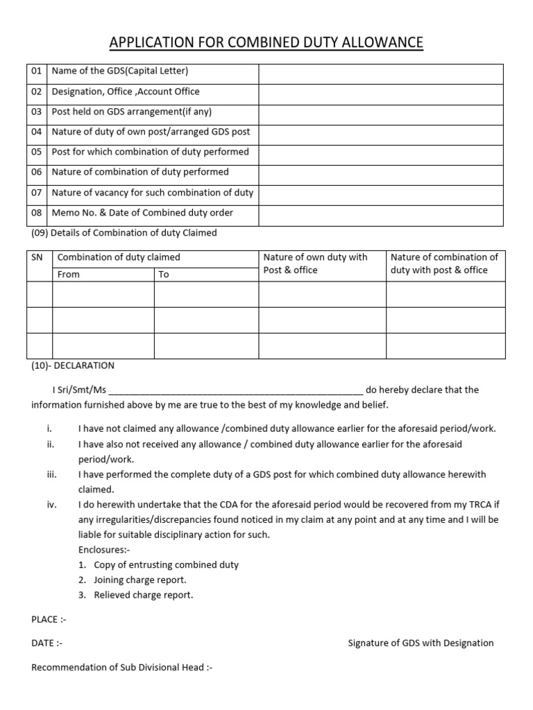 Combined Duty Allowance Application Form | PDF