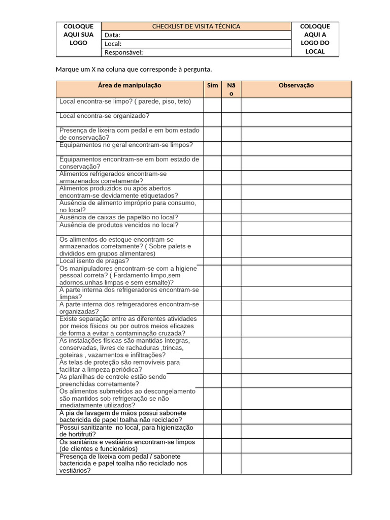 Checklist de Visita Técnica Alimentar | PDF