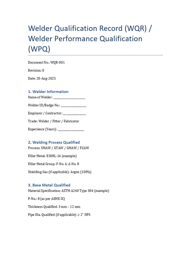 Welder Qualification Record Template | PDF