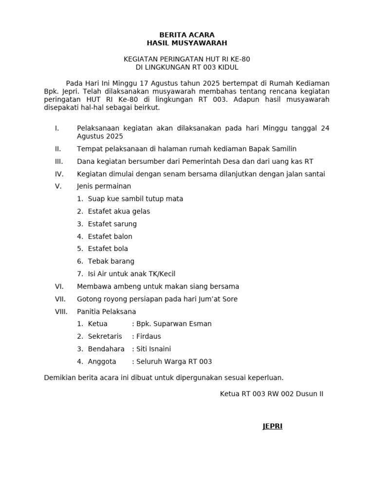 Berita Acara Hut Ri 80 RT 003 | PDF