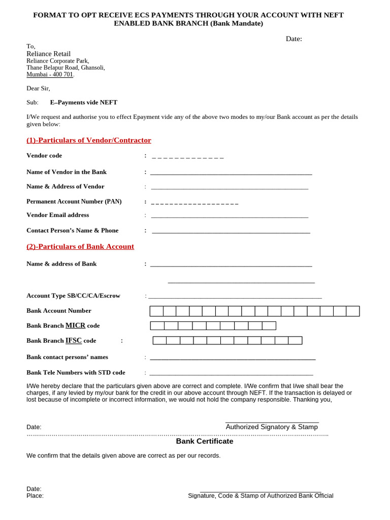 NEFT Bank Mandate Form Instructions | PDF | Cheque