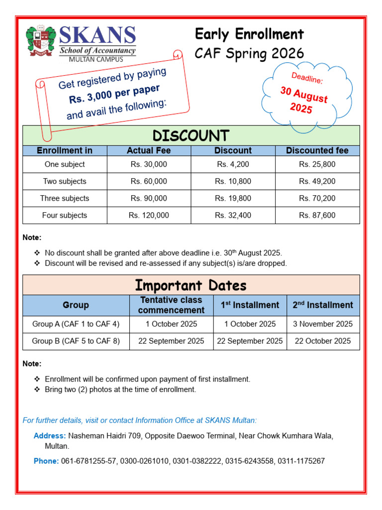 SKANS Multan CA Fee Structure 2026 | PDF