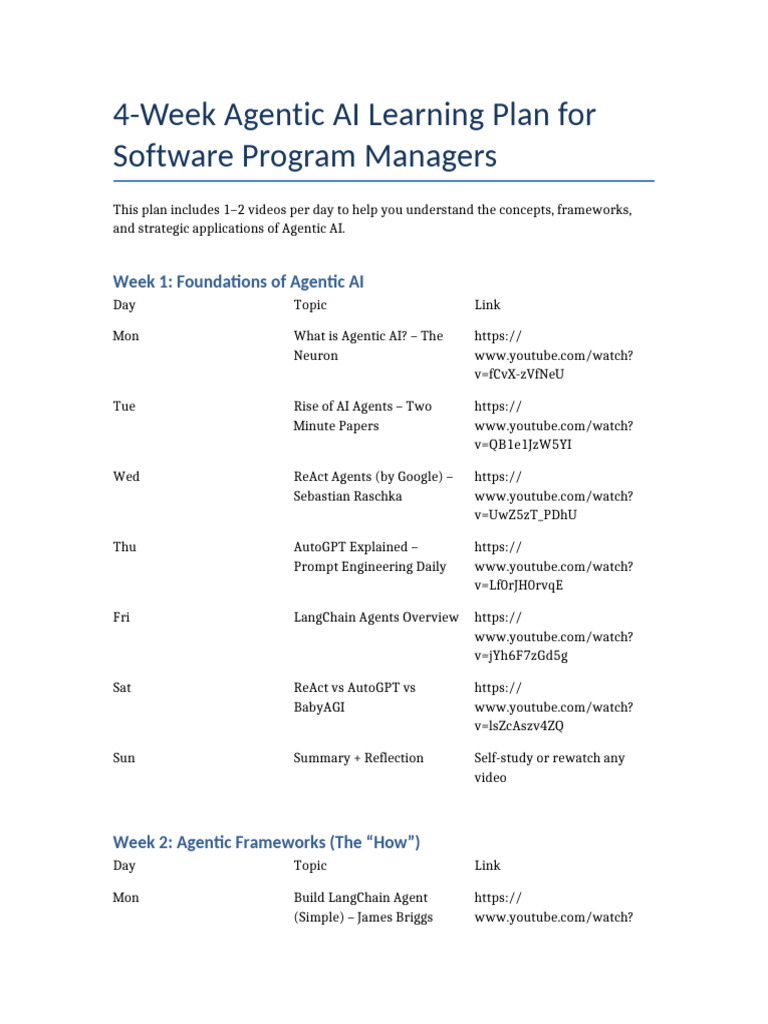 4-Week Agentic AI Learning Guide | PDF | Artificial Intelligence ...