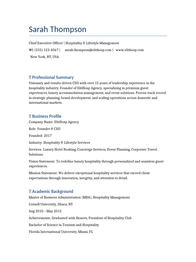 CEO Hospitality Profile Sample | PDF | Business