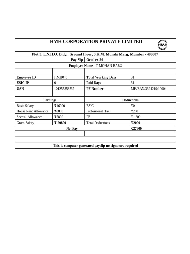 October 2024 Payslip for T Mohan Babu | PDF