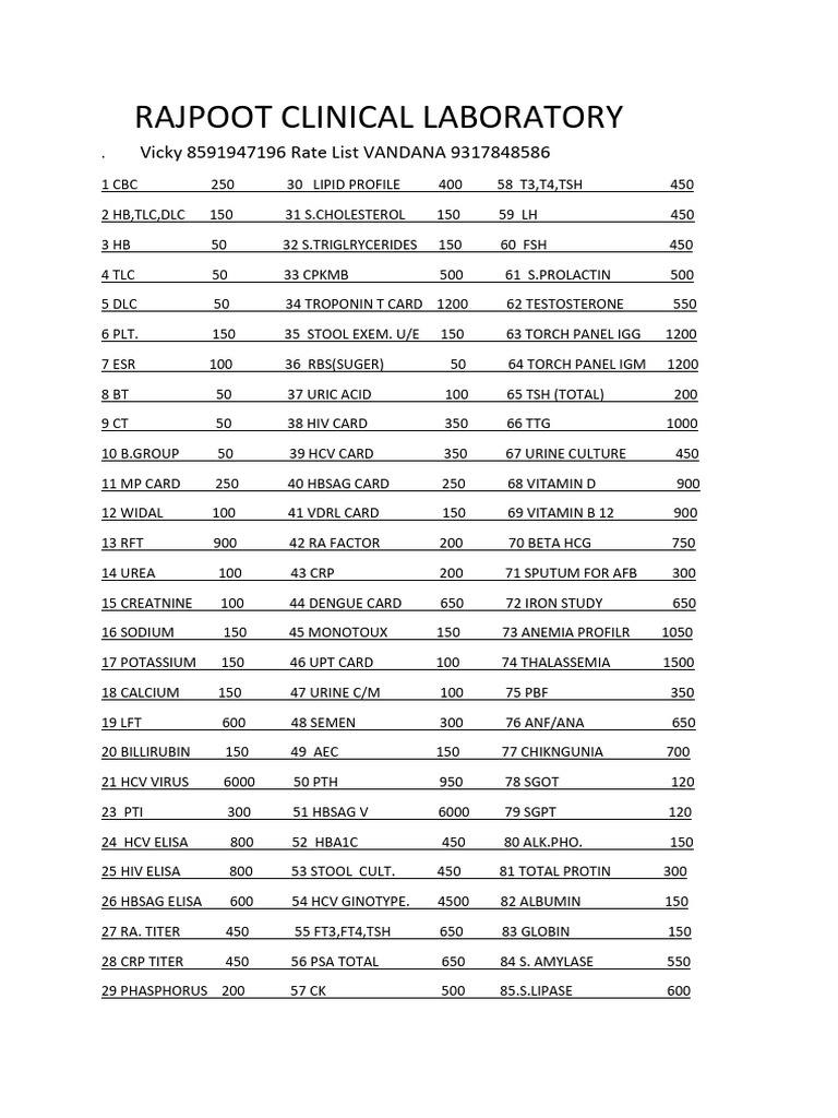 Rajpoot Lab Test Price List | PDF | Medical Specialties