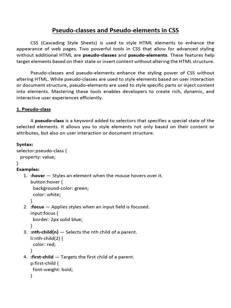 Pseudo Class And Elements Pdf Html Internet 6552