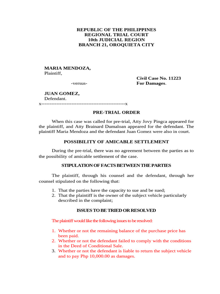 Pre-Trial Order: Mendoza vs. Gomez Case | PDF | Lawsuit | Justice