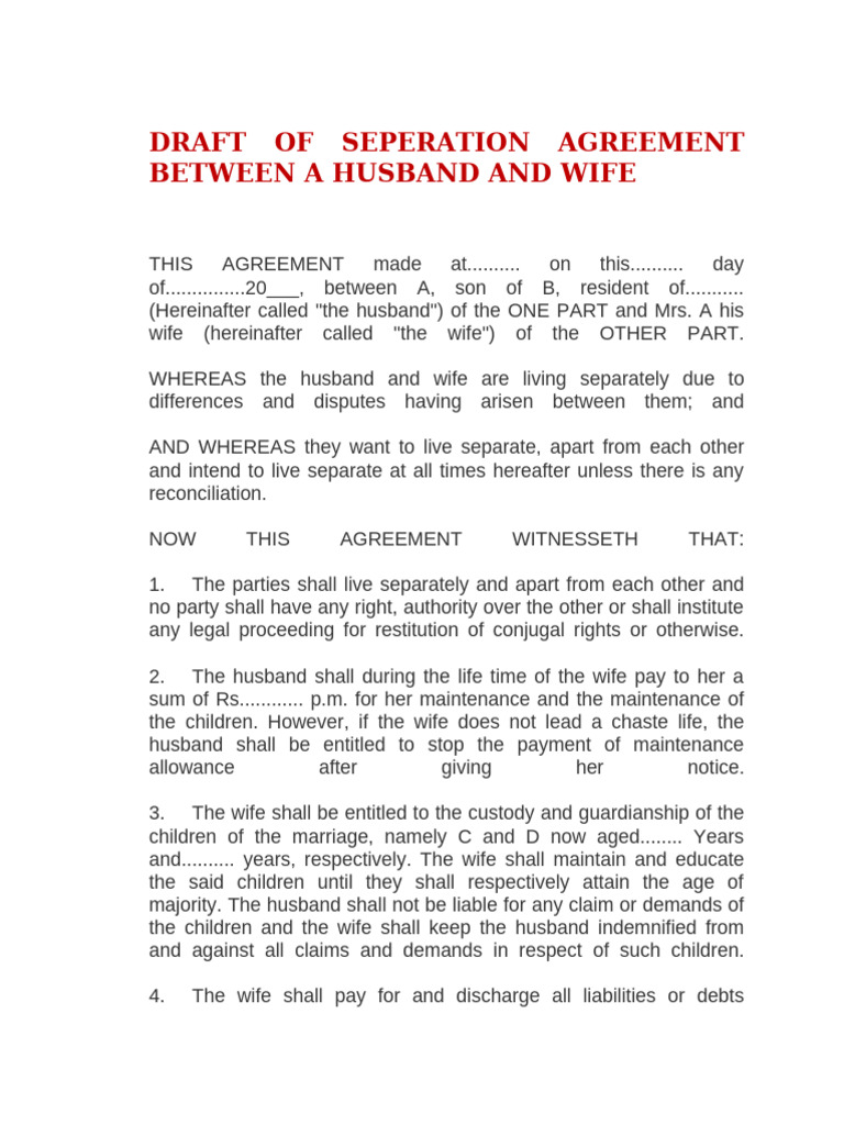 Separation Agreement Draft for Couples | PDF | Marriage | Indemnity