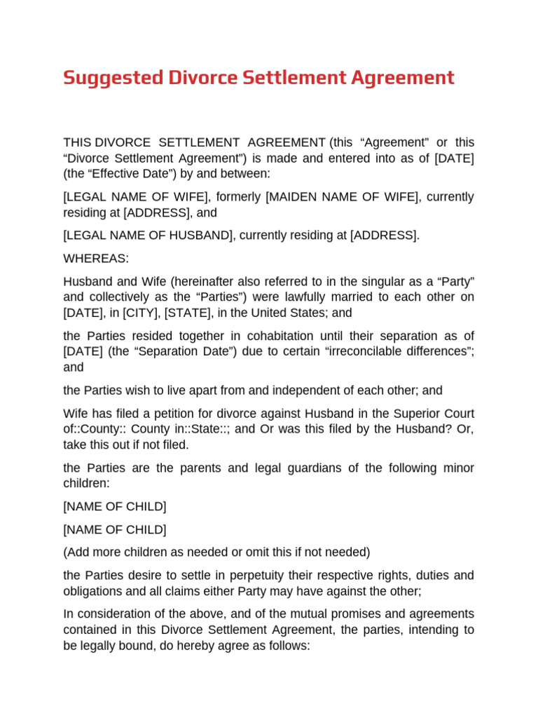 Sample Divorce Settlement Agreement | PDF | Divorce | Alimony