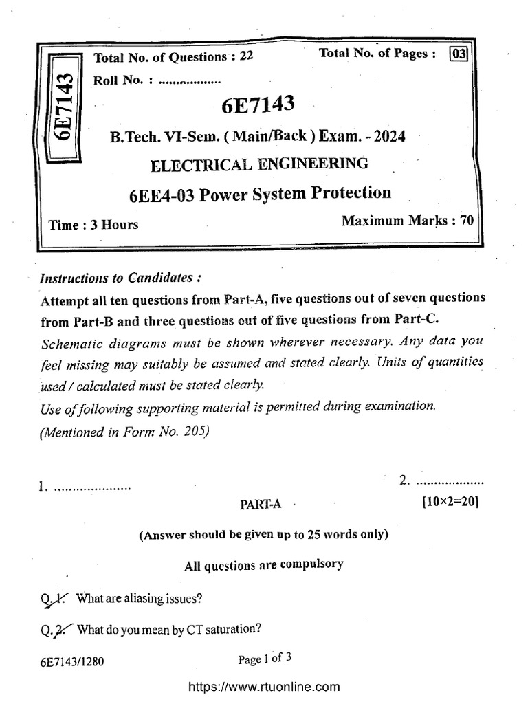Btech Ee 6 Sem Power System Protection 6e7143 2024 Pdf