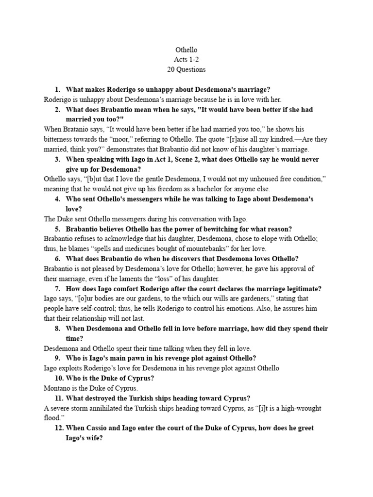 Othello Acts 1-2: Key Questions & Answers | PDF | Iago | Othello