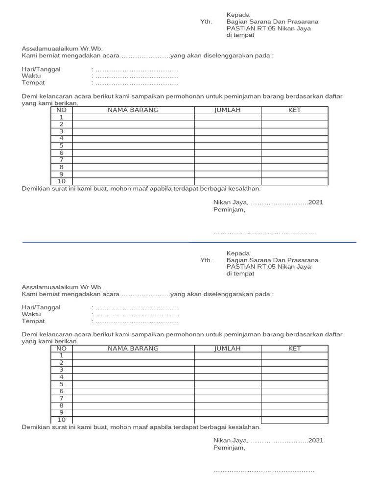 Format Surat Peminjaman Barang | PDF
