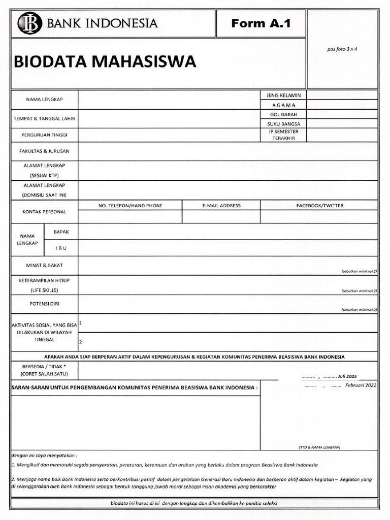 Form A1 Beasiswa Bank Indonesia PDF | PDF