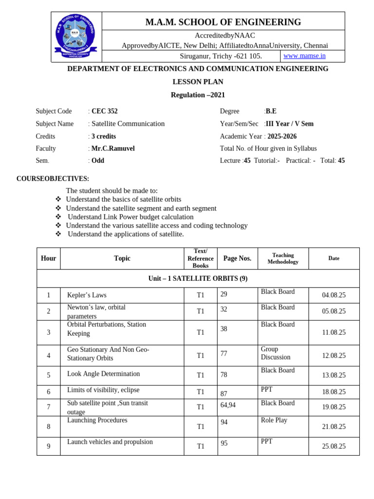 (Cec 352) Satellite Communication - Lesson Plan | PDF | Outer Space ...