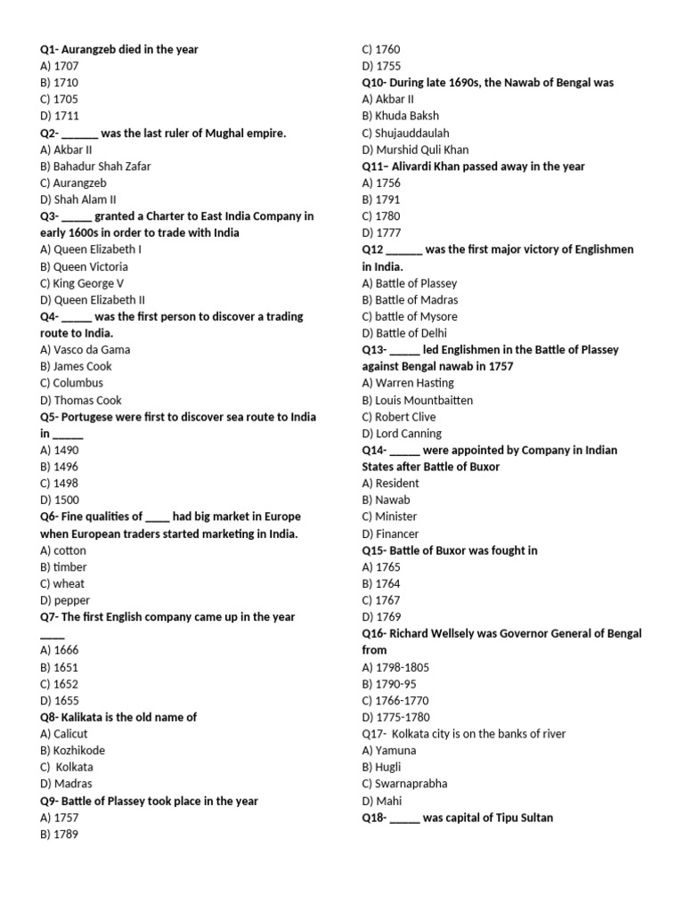 Mughal Empire and British India Quiz | PDF | Mughal Empire
