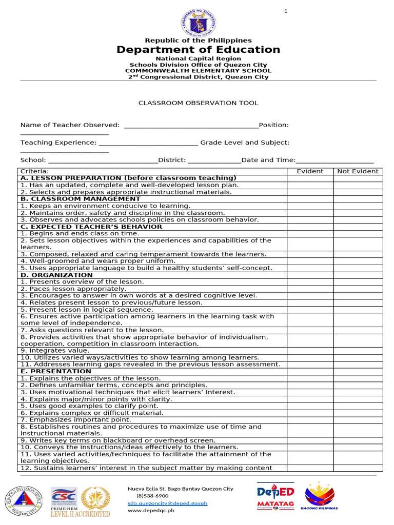 Classroom Observation Tool Guidelines | PDF | Learning | Educational ...