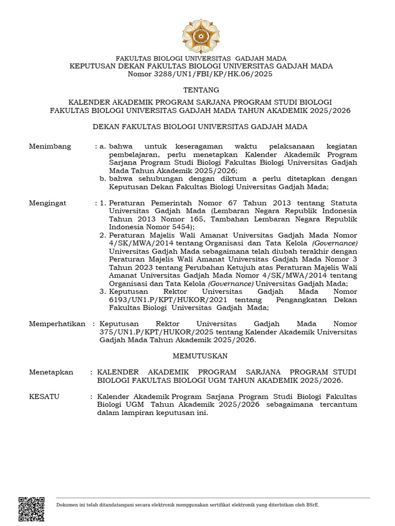 Kalender Akademik Biologi UGM 2025/2026 | PDF
