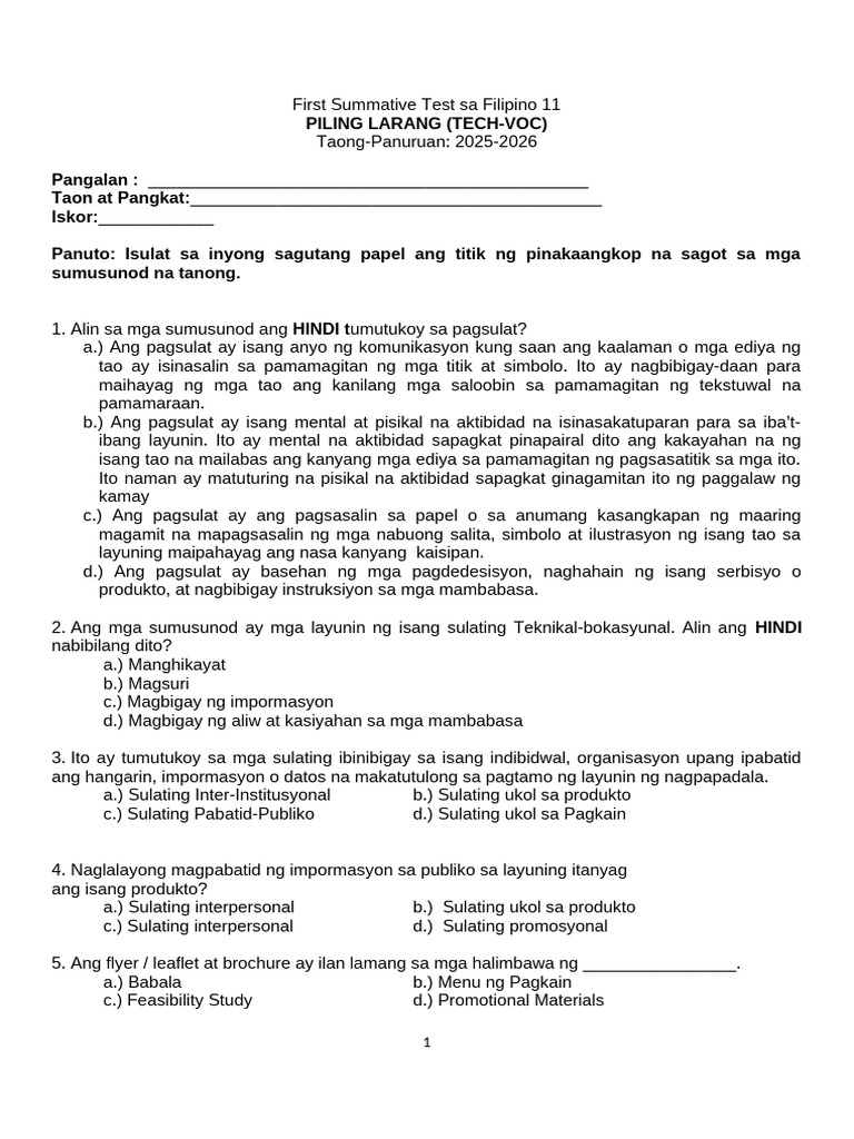 11 Tech Voc Summative Test | PDF