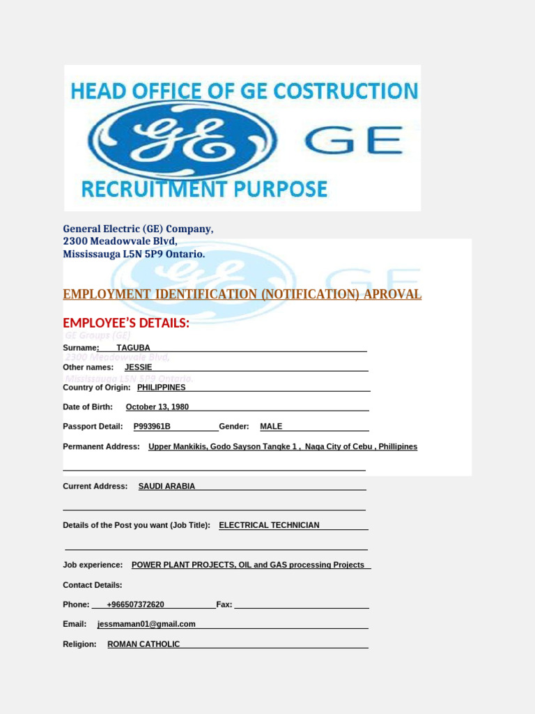 General Electric (GE) Company - Employment Identification (Notification ...