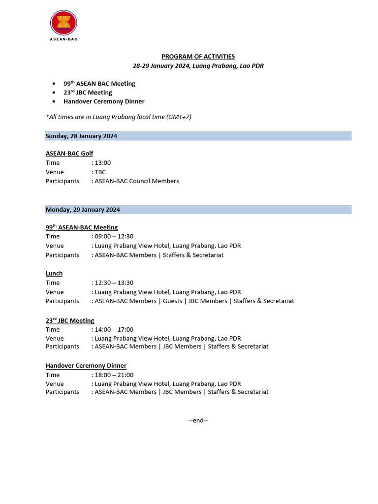 (ASEAN BAC) Program of Activities 99th ASEAN-BAC Meeting and 23rd JBC ...