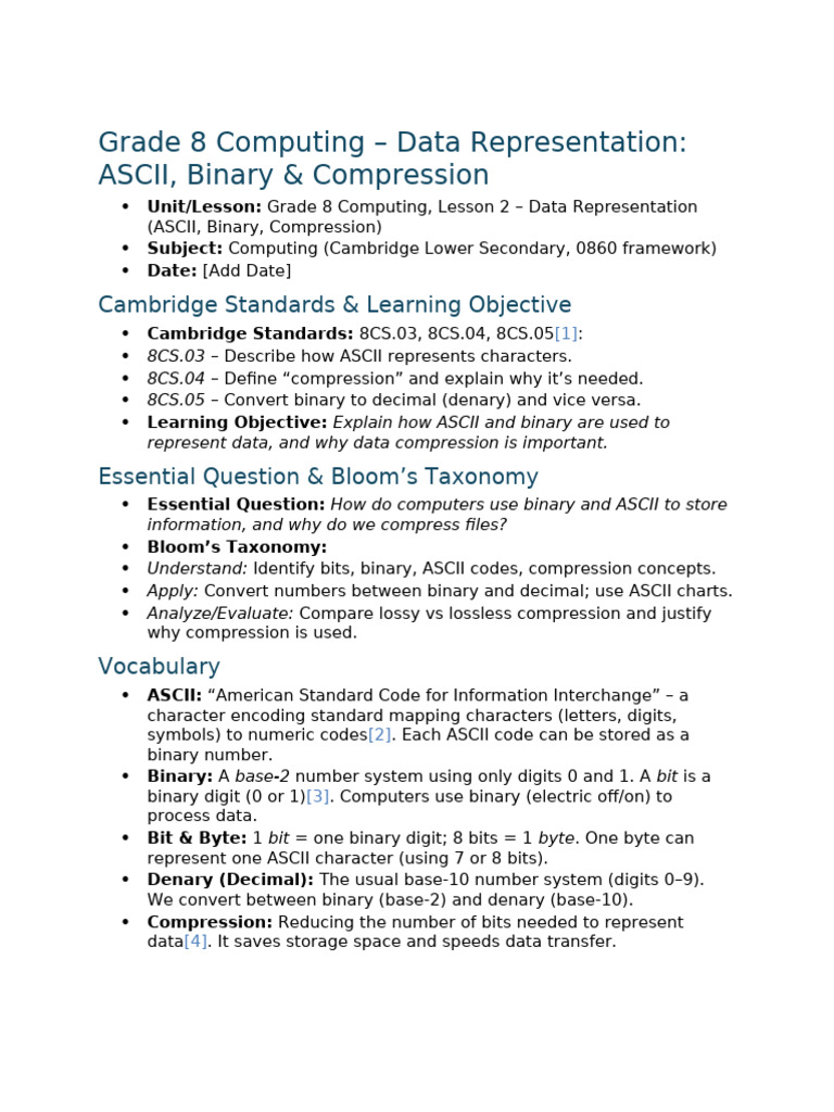 Grade 8 Computing - Data Representation - ASCII, Binary & Compression | PDF | Data Compression | Bit