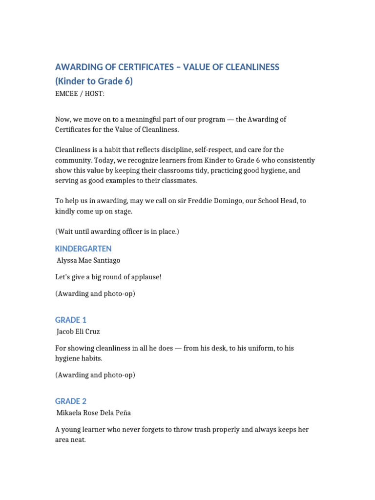 Cleanliness Awarding Script | PDF