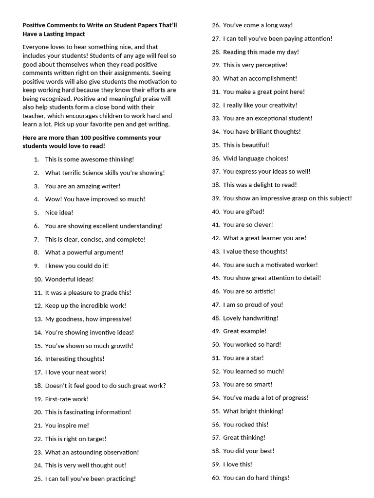 Positive Comments for Student Praise | PDF | Cognition