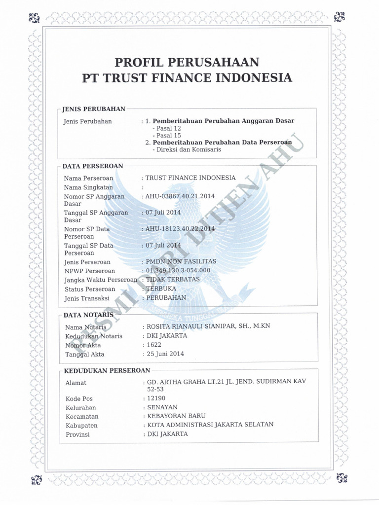 Profile Perseroan PT. Trust Finance Indonesia | PDF