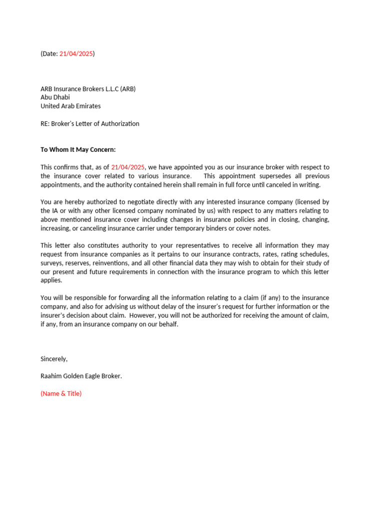 ARB Insurance Broker Authorization Letter | PDF